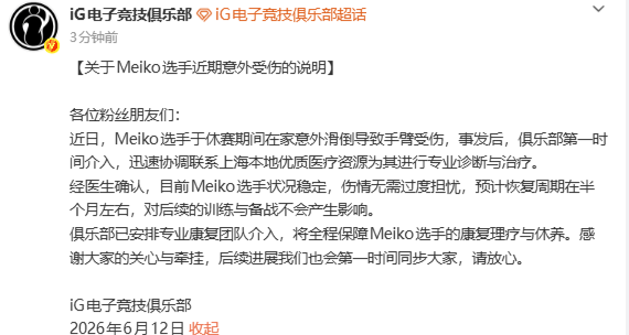 IG：Meiko在家意外滑倒导致手臂受伤，预计恢复周期在半个月