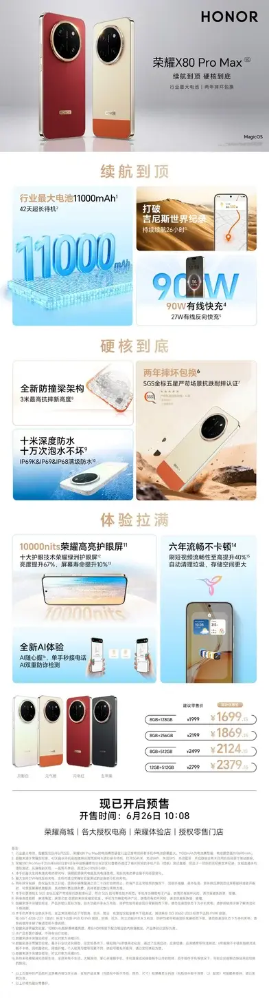 荣耀X80 Pro Max正式发布：11000mAh电池+骁龙6 Gen5，1999元起